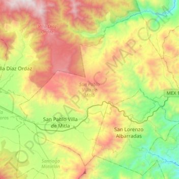 Mapa topográfico San Pablo Villa de Mitla, altitud, relieve