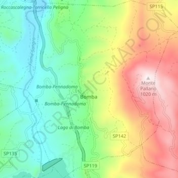 Mapa topográfico Bomba, altitud, relieve