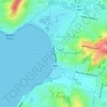 Mapa topográfico Warner's Bay Foreshore, altitud, relieve