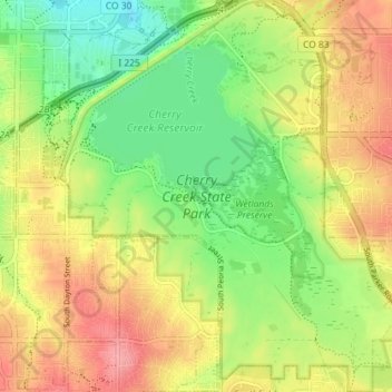 Mapa topográfico Cherry Creek State Park, altitud, relieve