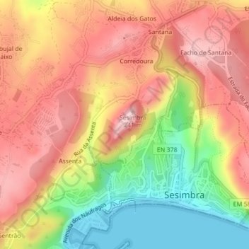 Mapa topográfico Castelo de Sesimbra, altitud, relieve