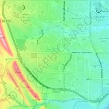 Mapa topográfico Ken Caryl, altitud, relieve