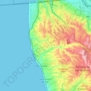 Mapa topográfico Delegación Plyas de Tijuana, altitud, relieve