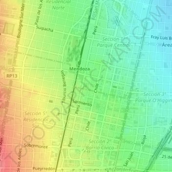 Mapa topográfico Plaza Chile, altitud, relieve