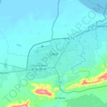 Mapa topográfico Coro, altitud, relieve