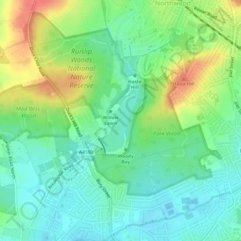 Mapa topográfico Ruislip Lido, altitud, relieve